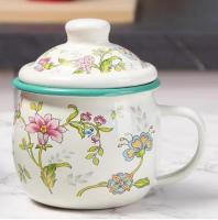 China Custom Thickened Enamel Mugs Steel Cartoon Pattern Kids Water Milk Mugs With Lid for sale