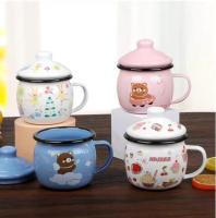 China Custom Thickened Enamel Mugs Steel Cartoon Pattern Kids Water Milk Mugs With Lid for sale