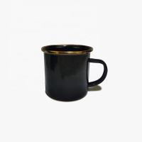 China 304 Stainless Steel Rim Carbon Steel Enamel Coffee Milk Mugs Custom Decal Completed with Durable C Shape Handle for sale