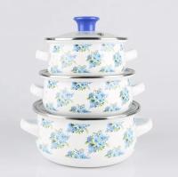 China Mini Kitchen Enamel Casserole Set 3PCS Green Enamel Casserole Pots Cookware Set for sale
