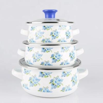 China Mini Kitchen Enamel Casserole Set 3PCS Green Enamel Casserole Pots Cookware Set for sale