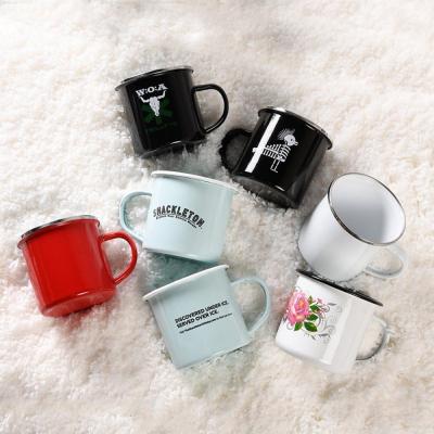 China 350ml Enamel Coating Double Coating Rolled Rim Coffee Mugs Custom Decal Christmas Gift Milk Mugs Suitable for Camping for sale