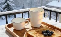 China Customized Enamel Measuring Mug Carbon Steel Personalized Color Decal Milk Coffee Drinkware Cup for sale