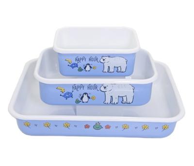 China Wholesale 35cm Light Blue Floral Frog Print Rectangular Enamel Baking Tray Oven Safe Enamel Container For Baking Fridge Storage for sale