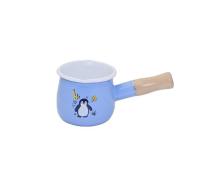 China Pastel Blue Cute Penguin Print Enamel Milk Pot With Wooden Heatproof Handle Small Enamel Saucepan For Heating Milk Baby Food for sale