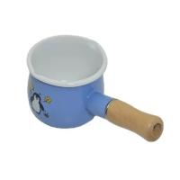 China Pastel Blue Cute Penguin Print Enamel Milk Pot With Wooden Heatproof Handle Small Enamel Saucepan For Heating Milk Baby Food for sale