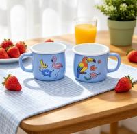 China 7cm Light Blue Tropical Bird Floral Print Enamel Mug White Rim Enamel Coffee Tea Cup Stackable Daily Enamel Drinkware for sale