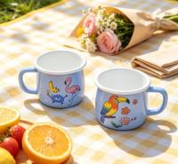 China 7cm Light Blue Tropical Bird Floral Print Enamel Mug White Rim Enamel Coffee Tea Cup Stackable Daily Enamel Drinkware for sale