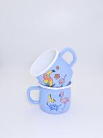 China 7cm Light Blue Tropical Bird Floral Print Enamel Mug White Rim Enamel Coffee Tea Cup Stackable Daily Enamel Drinkware for sale