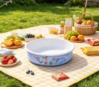 China Wholesale 20cm Light Blue Seal Hummingbird Print Round Enamel Baking Tray Oven Safe Enamel Dish For Fridge Storage Food Prep for sale