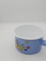 China 14cm Soft Blue Cartoon Tiger Print Enamel Milk Pot With Wooden Handle Enamel Saucepan For Milk Heating Baby Food Cooking for sale