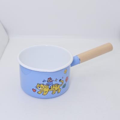China 14cm Soft Blue Cartoon Tiger Print Enamel Milk Pot With Wooden Handle Enamel Saucepan For Milk Heating Baby Food Cooking for sale