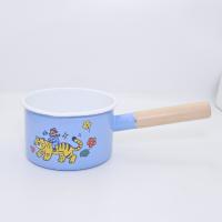 China 14cm Soft Blue Cartoon Tiger Print Enamel Milk Pot With Wooden Handle Enamel Saucepan For Milk Heating Baby Food Cooking for sale