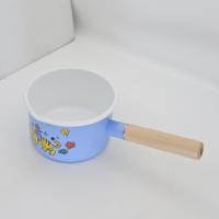 China 14cm Soft Blue Cartoon Tiger Print Enamel Milk Pot With Wooden Handle Enamel Saucepan For Milk Heating Baby Food Cooking for sale