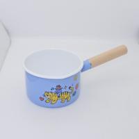 China 14cm Soft Blue Cartoon Tiger Print Enamel Milk Pot With Wooden Handle Enamel Saucepan For Milk Heating Baby Food Cooking for sale
