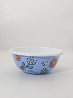 China Pastel Blue Floral Frog Cartoon Printed Enamel Bowl White Rolled Rim Enamel Serving Bowl For Daily Meal Fruit Salad Storage for sale