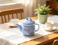 China Pastel Blue Cute Floral Heart Print Mini Enamel Teapot With Lid Small Enamel Coffee Pot For Home Beverage Brewing Storage for sale