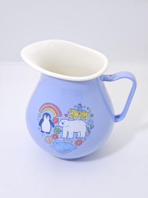China Pastel Blue Cartoon Animal Print Belly Shaped Enamel Pitcher Classic Enamel Kettle Enamel Tableware For Milk Storage for sale
