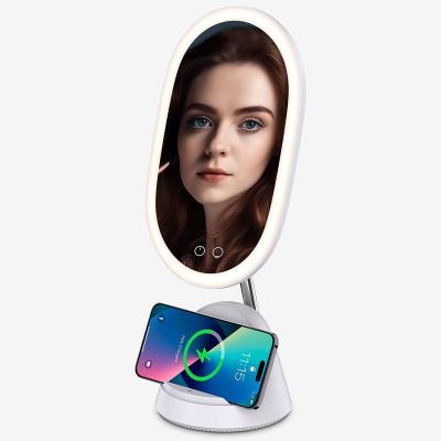 China LED Lighted Makeup Mirror 8.27 Inch 72 LED Beads Dimmable 3 Color Temperatures Wireless Charging for sale