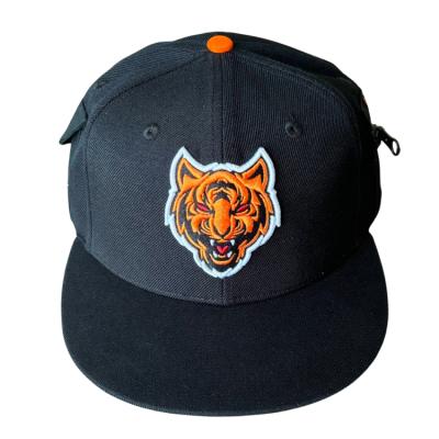 China High Quality 3D Embroidered Chain Snapback Cap Street Hip Hop Block Flat Brimmed Baseball Hat Utility Pocket with velcro Zipper for sale