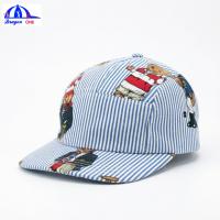 China Luxury Striped 5-Panel Camp Cap with Full-Body Cartoon Print Leather Strap Vintage Washed Flat Brim Baseball Hat Bulk Supplier for sale