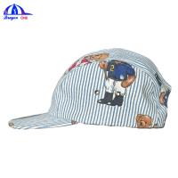 China Luxury Striped 5-Panel Camp Cap with Full-Body Cartoon Print Leather Strap Vintage Washed Flat Brim Baseball Hat Bulk Supplier for sale