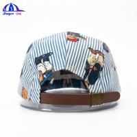 China Luxury Striped 5-Panel Camp Cap with Full-Body Cartoon Print Leather Strap Vintage Washed Flat Brim Baseball Hat Bulk Supplier for sale