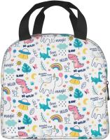 China Colorful Doodle Animals Unicorn Dinosaur UFO Reusable Insulated Lunch Bag 22x20x13 cm Waterproof Tote Box for sale