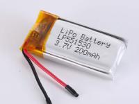 China LP551530 200MAH Silver Lithium Polymer Battery with 500 Cycles Cycle Life for Industrial and Commercial -20°C To 45°C for sale