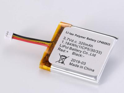 China Powerful 3.7V 320MAH LP402933 Li-ion Battery with 500-1000 Cycles and Wide Temperature Range for sale