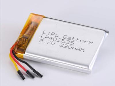 China LP402535 3.7V 320MAH Li-ion Battery with 2 Hours Charging Time and Silver Foil And Transperant Pvc for sale