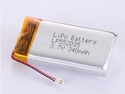 China Low Temperature Li-Polymer Battery LP552035 3.7V 340MAH with Silver Foil and Transparent PVC Guarantee 12 Months One Year for sale