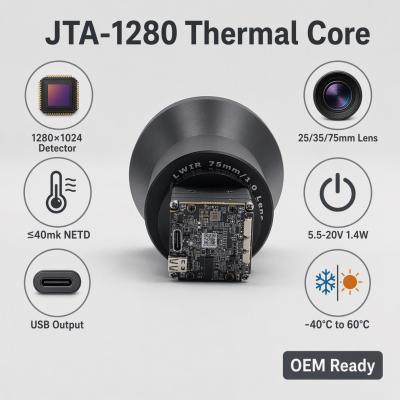 China JTA-1280 1280×1024 Uncooled VOx Thermal Imaging Core Module USB Video Output 25mm 35mm 75mm Lens Options ≤40mk NETD Shutterless 5.5-20V 1.4W OEM Thermal Core for Drone Gimbal Security Surveillance for sale
