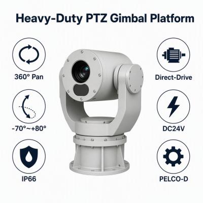 China T-U-006 Heavy-Duty Direct-Drive PTZ Gimbal 360° Continuous Pan -70° to 80° Tilt IP66 DC24V PELCO-D RS485 422 Aluminium Payload Platform for Thermal Camera Laser Rangefinder Surveillance for sale