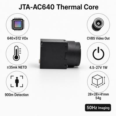 China JTA-AC640 640×512 Uncooled VOx Thermal Imaging Core Module 9mm Lens CVBS Video Out 12μm ≤35mk NETD 50Hz 900m Detection 4.5-27V ≤1W 28×28×41mm 54g OEM Core for Drone Gimbal for sale