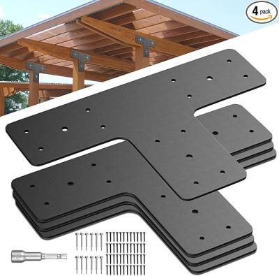 China T Post Bracket 4PCS,14x10'' T Flat Mending Plate for Wood 4x4,6x6 Lumber, Black Powder Coated Heavy Duty Pergola Brackets,T Beam Bracket, T Truss Bracket,T Shape Post to Beam Connectors for sale