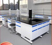 China Corrosion Resistant Lab Island Bench H Frame Laboratory Working Table With Suspended Cabinets for sale