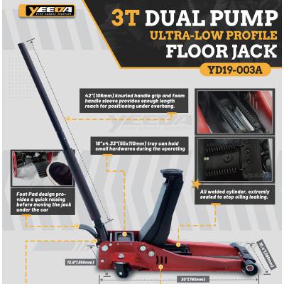 China Workshop 3T Dual Pump Floor Jack Quick Lifting for sale