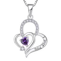 China Real Silver I Love You Heart Pendant Necklace Multi Color Heart Cubic Zirconia Luxury Silver 925 Heart Necklace Jewelry for sale