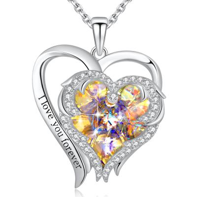 China 0.79x0.98in Sterling Silver Double Heart Necklace Austrian crystal Yellow Crystal for sale