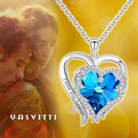 China 0.79x0.98in Double Heart Cross Necklace Austrian crystal Blue Crystal 925 Sterling Silver for sale