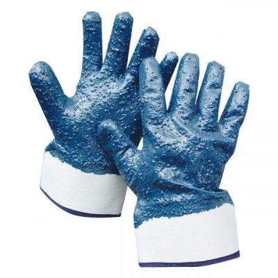China Blue Color Nitrile Dipped Work Gloves Firm Grip Safety Cuff High Abrasion Resistance for sale
