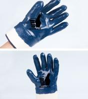 China Blue Color Nitrile Dipped Work Gloves Firm Grip Safety Cuff High Abrasion Resistance for sale