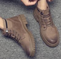 China KHAKI Pig Leather Tooling Lace Up Comfortable Stylish Sneakers Martin Boots for sale