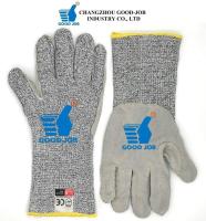 China Long Cuff HPPE Polyethylene Cow Split Leather Level 5 Anti Cut Gloves Saw Proof for sale