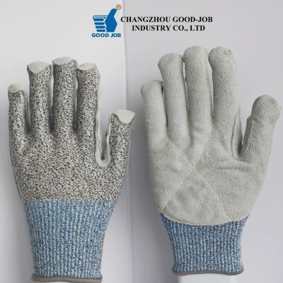 China Leather Cut Resistant Gloves HPPE Fiber Cow Split Leather Welding Gloves for sale