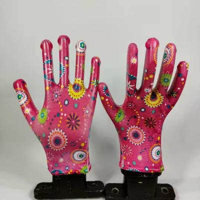 China Polyester Liner Pu Garden Work Gloves Flower Printing For Women for sale