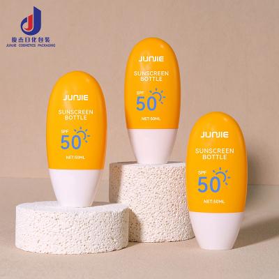 China Flat Round Squeeze Bottle 50ml Sunscreen Container Cosmetic With PE Collar And White Screw Cap for sale