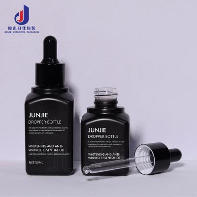 China Custom Design PETG 40ml 50ml Square Black Hair Oil Serum Plastic Dropper Bottles for for Cosmetic Essential Oil for sale