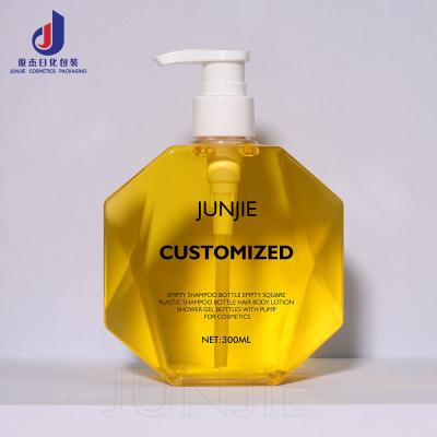 China Empty Body Wash Lotion Shower Gel Press Bottle Hexagon Transparent 300ml White Pump Shampoo Plastic Bottle for sale